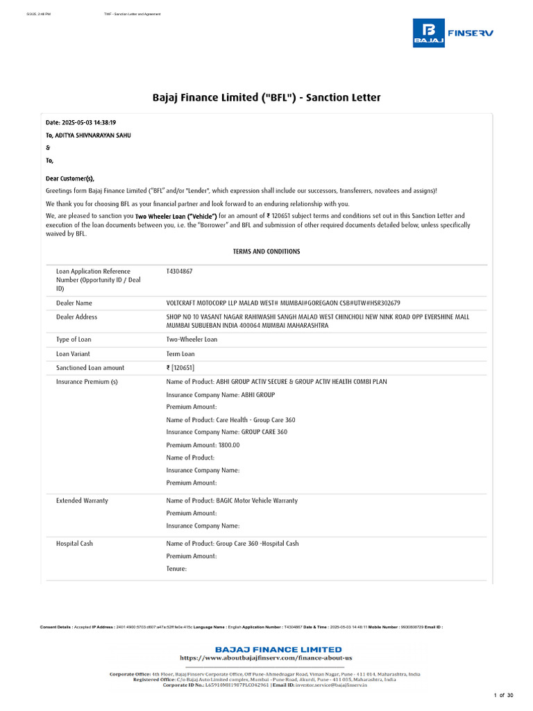 Bajaj Finance Limited ("BFL") - Sanction Letter: Terms and Conditions | PDF | Loans | Bankruptcy