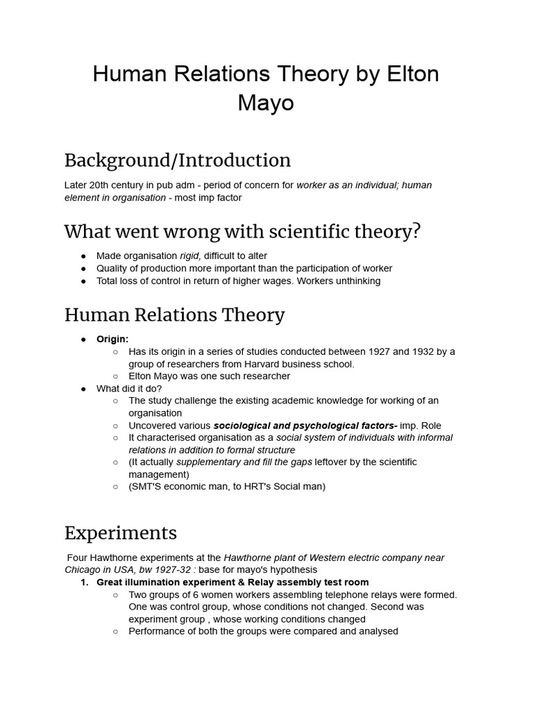 PPA - Unit2 Human Relations Theory by Elton Mayo | PDF | Experiment ...