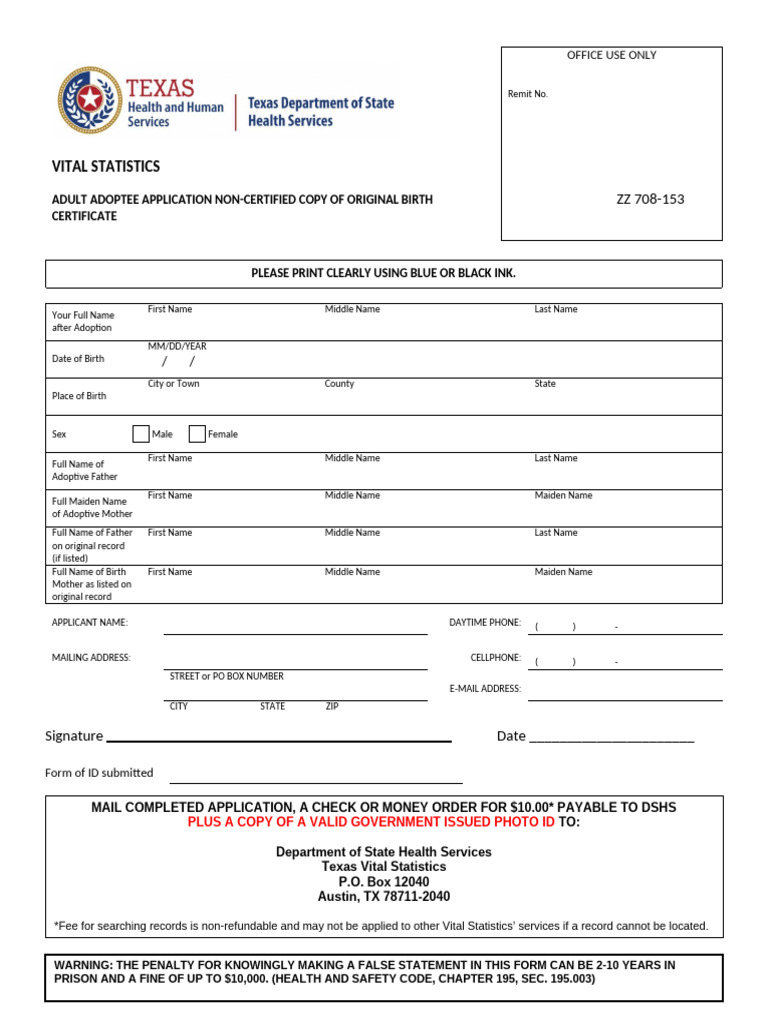 Texas Adult Adoptee Original Birth Certificate App | PDF