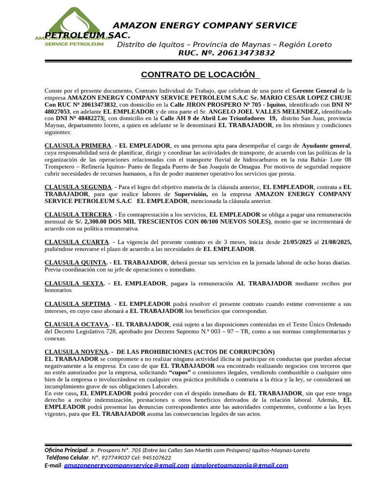 Contrato Angelo | PDF | Derecho laboral