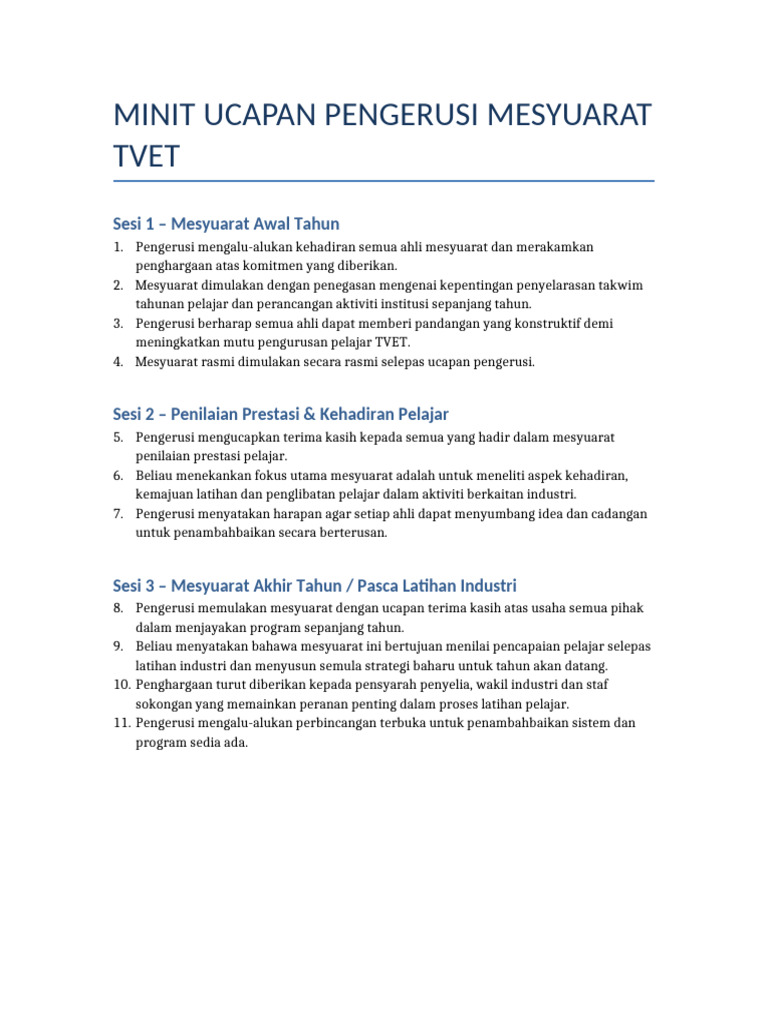 Minit Ucapan Pengerusi TVET | PDF
