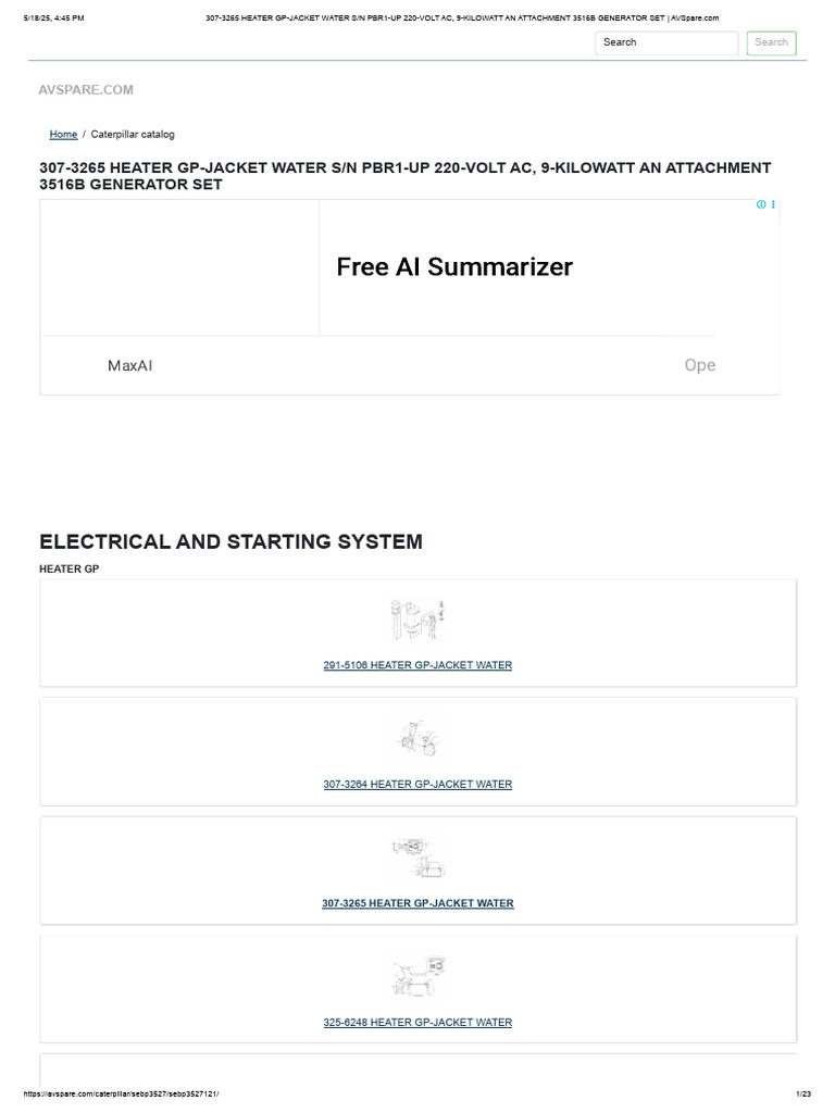 307-3265 Heater Gp-Jacket Water S - N Pbr1-Up 220-Volt Ac, 9-Kilowatt An Attachment 3516B ...