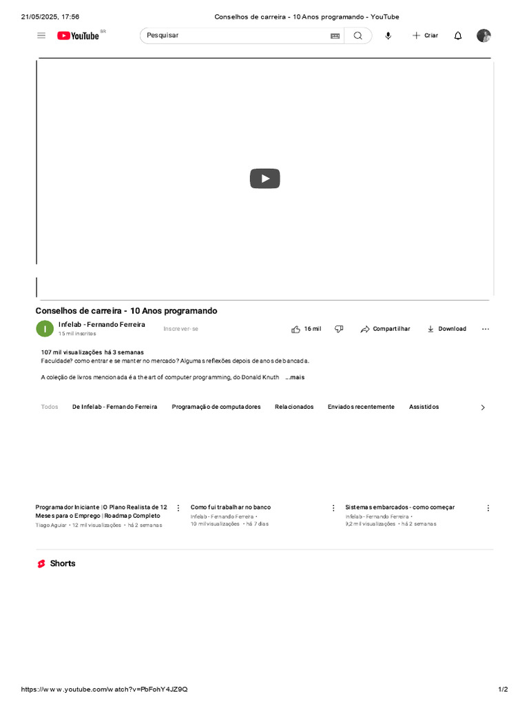 Conselhos de Carreira - 10 Anos Programando - YouTube | PDF | Informática