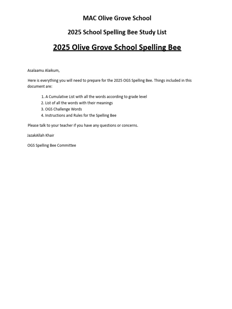 2025 Olive Grove School Spelling Bee.docx | PDF | Adjective | Part Of ...