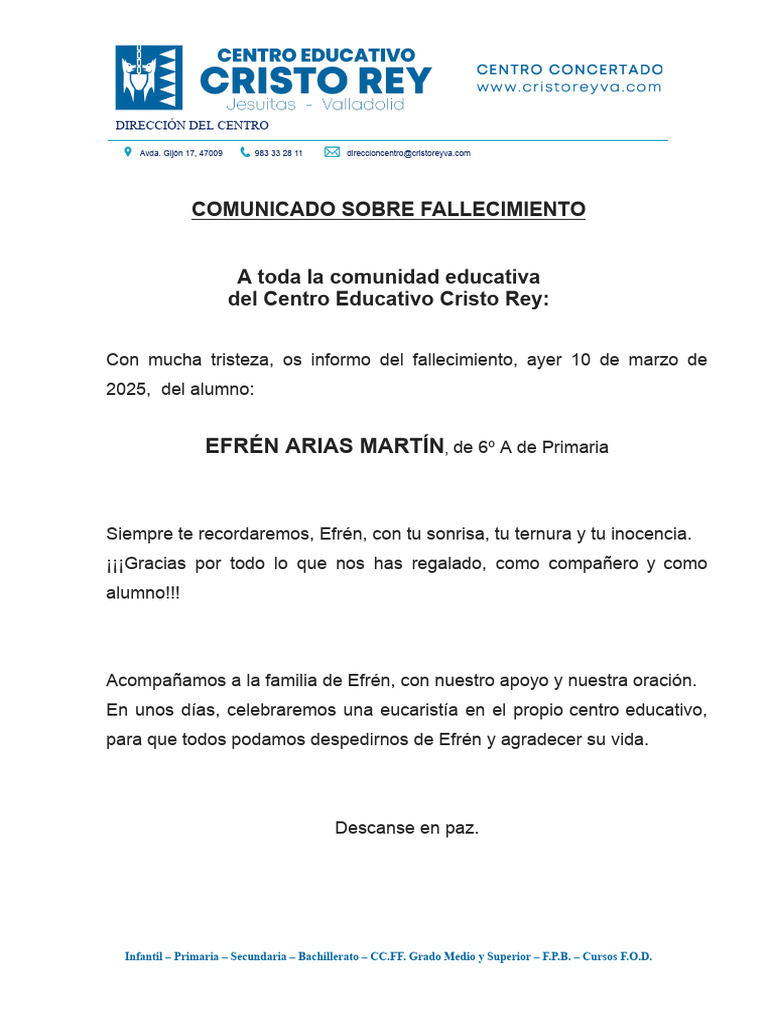 Comunicado Fallecimiento Alumno - Docx-1 | PDF