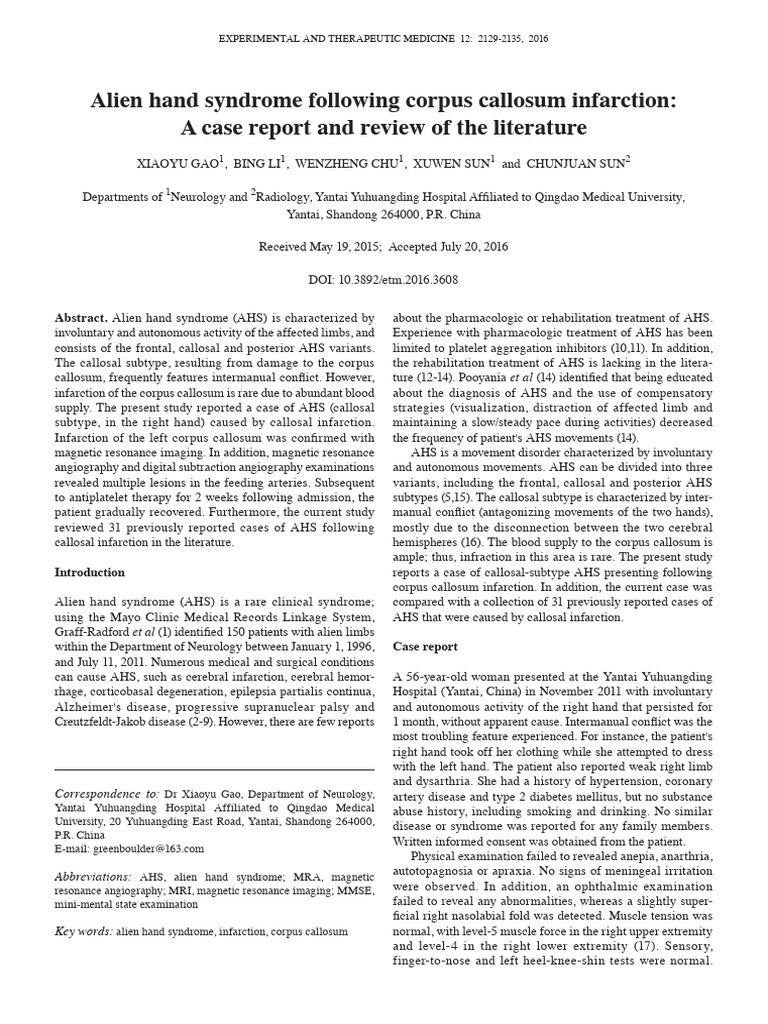 Alien Hand Syndrome Case Study: Callosal Infarction | PDF | Cingulate ...