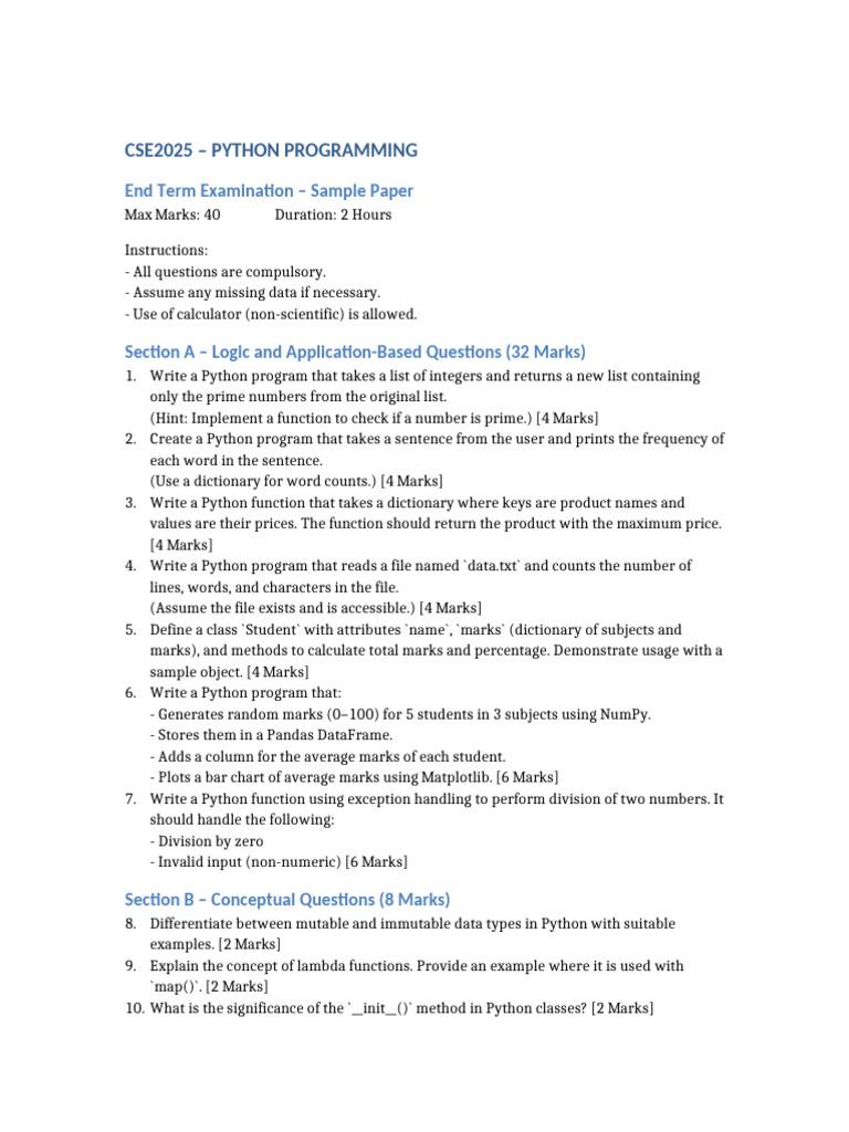 Python - EndTerm - Sample Paper First Year | PDF