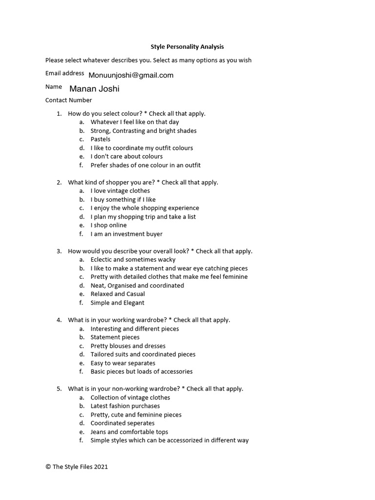 Style Personality Questionnaire | PDF | Clothing | Human Appearance
