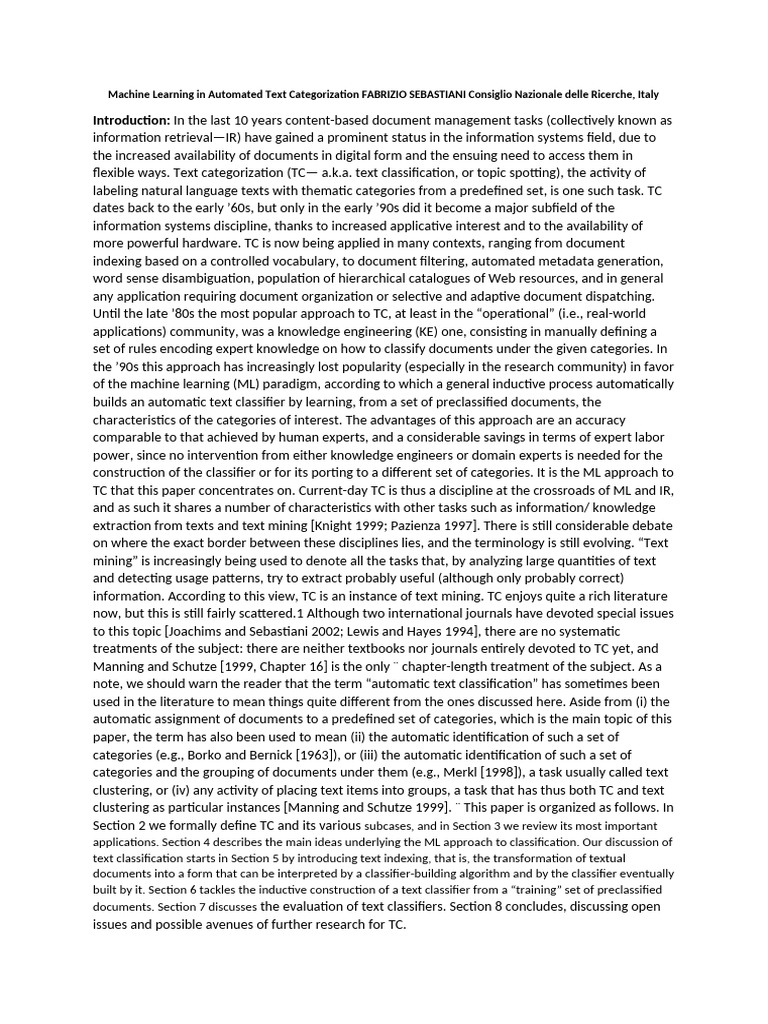 Machine Learning in Automated Text Categorization FABRIZIO SEBASTIANI ...