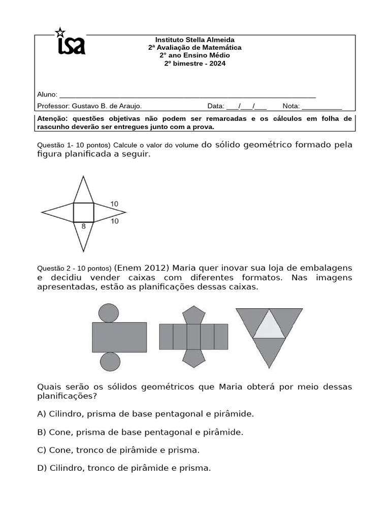 2 bimestre AV2 de matemática 2 ano 2 chamada - geometria espacial | PDF
