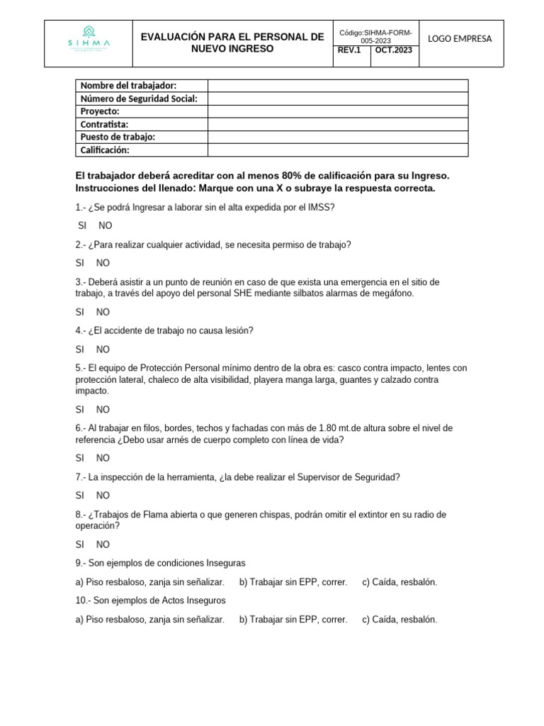 Form - 005 - Sihma - 2023 Evaluacion de Induccion | PDF