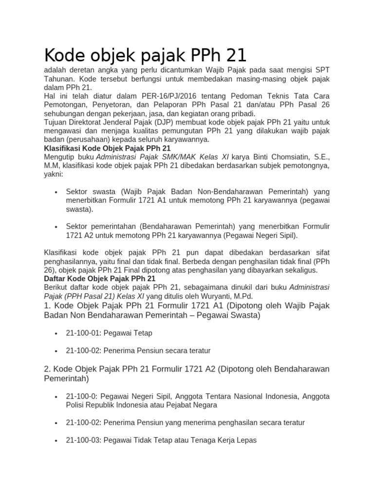 Kode Objek Pajak PPH 21 | PDF