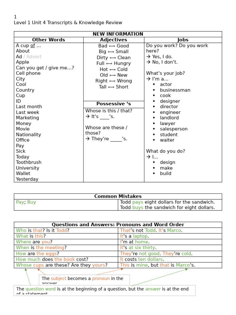 Wall Street English Level 1 Unit 4 Transcripts and Knowledge Review | PDF | Grammar | Linguistic ...