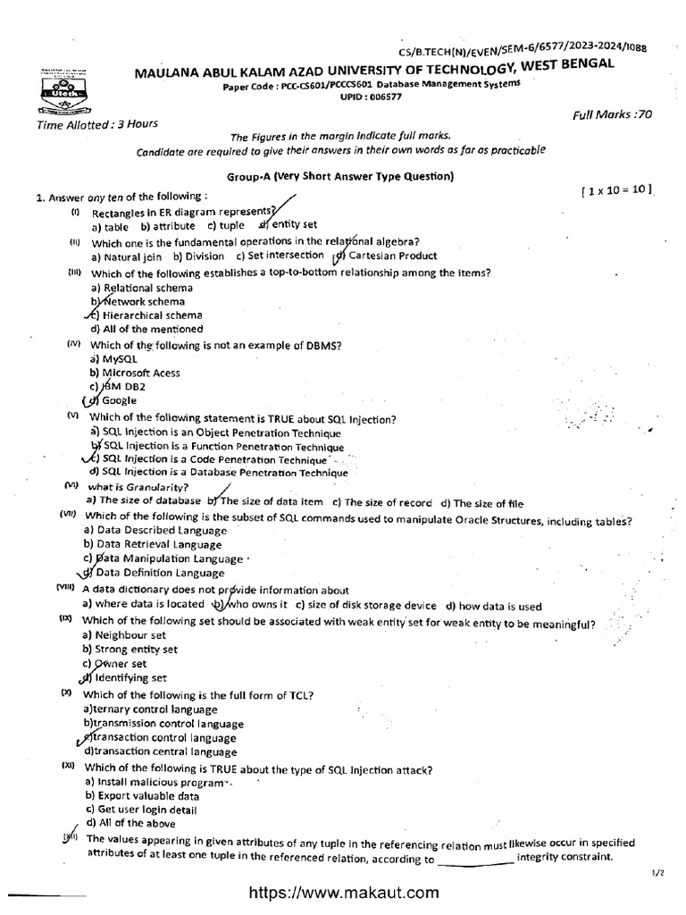 Btech PCC Cs 6 Sem Database Management Systems PCC Cs601 2024 | PDF