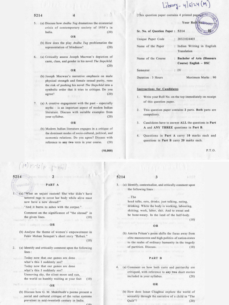 Indian Writing in English Translation Pyq Du | PDF