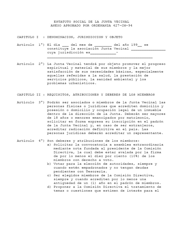 Modelo de Estatuto Social para Junta Vecinal | PDF | Comisión Europea | Gobernancia