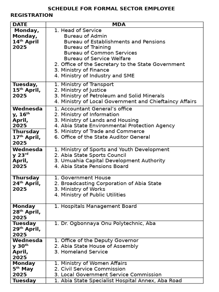 MDA SCHEDULE FOR FORMAL SECTOR EMPLOYEE REGISTRATION | PDF | Economies