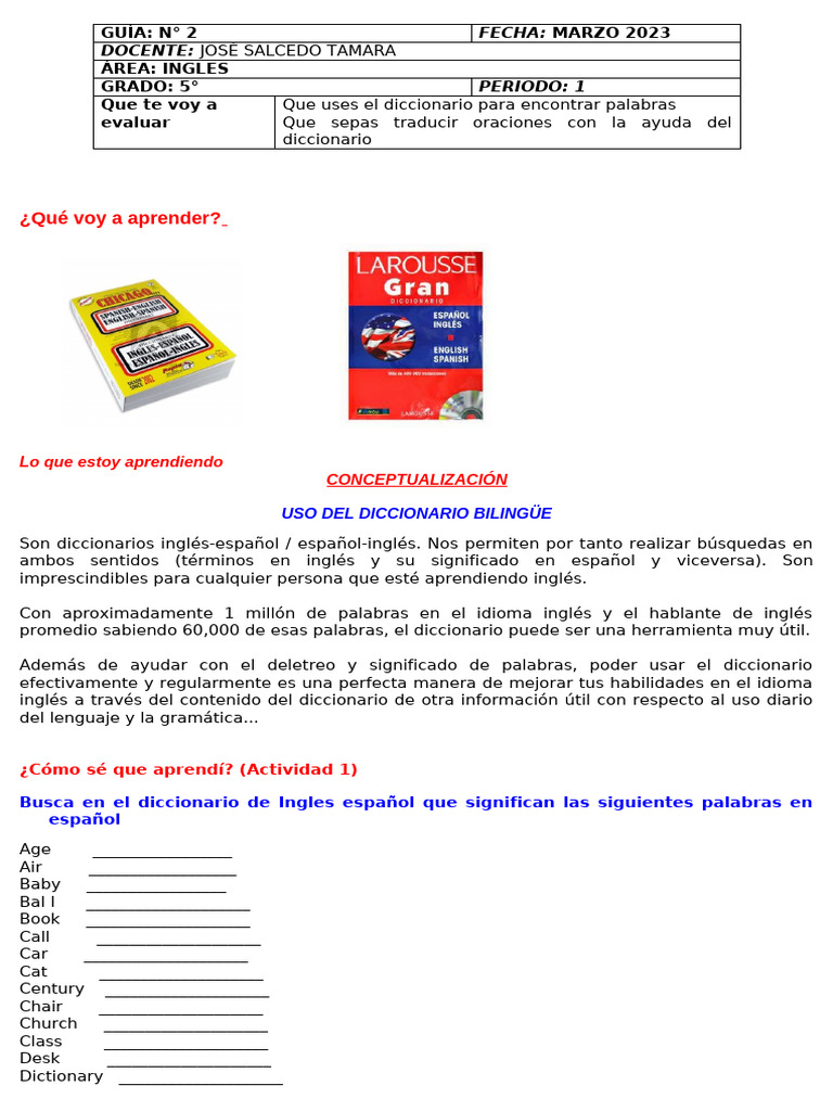 Guia 2 de Ingles 2023 | PDF | Diccionario | Idioma en Inglés