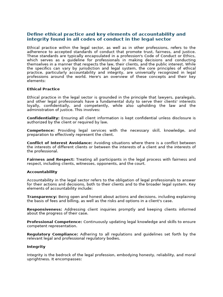 Define Ethical Practice and Key Elements of Accountability and Integrity Found in All Codes of ...