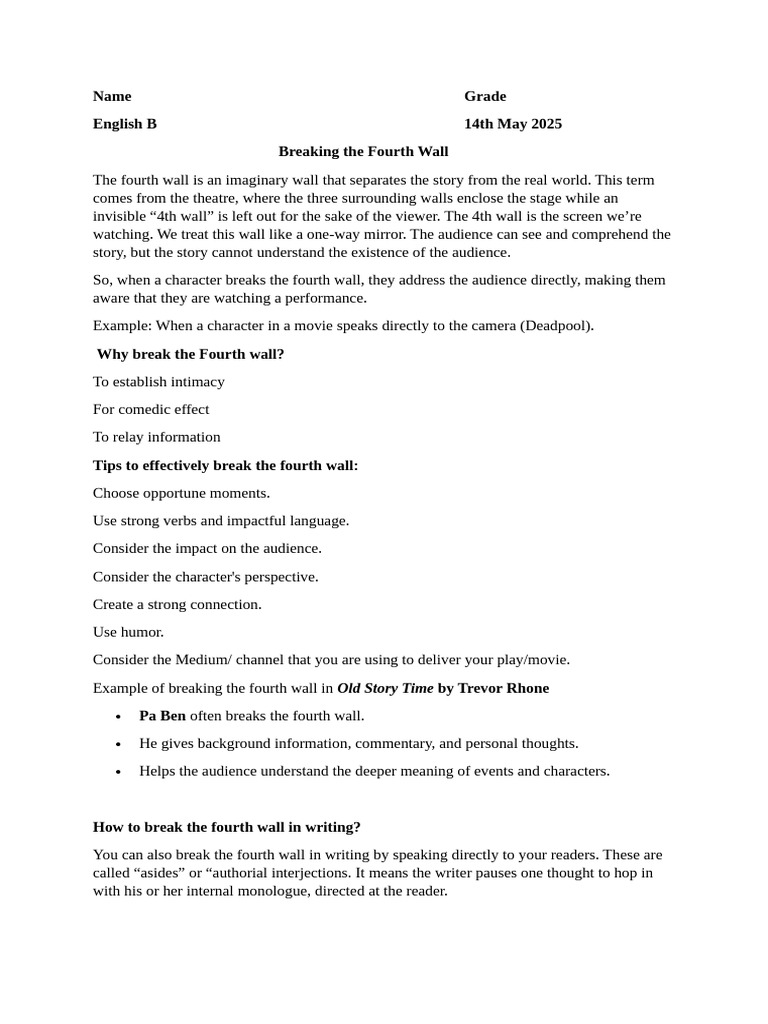Understanding the Fourth Wall in Writing | PDF