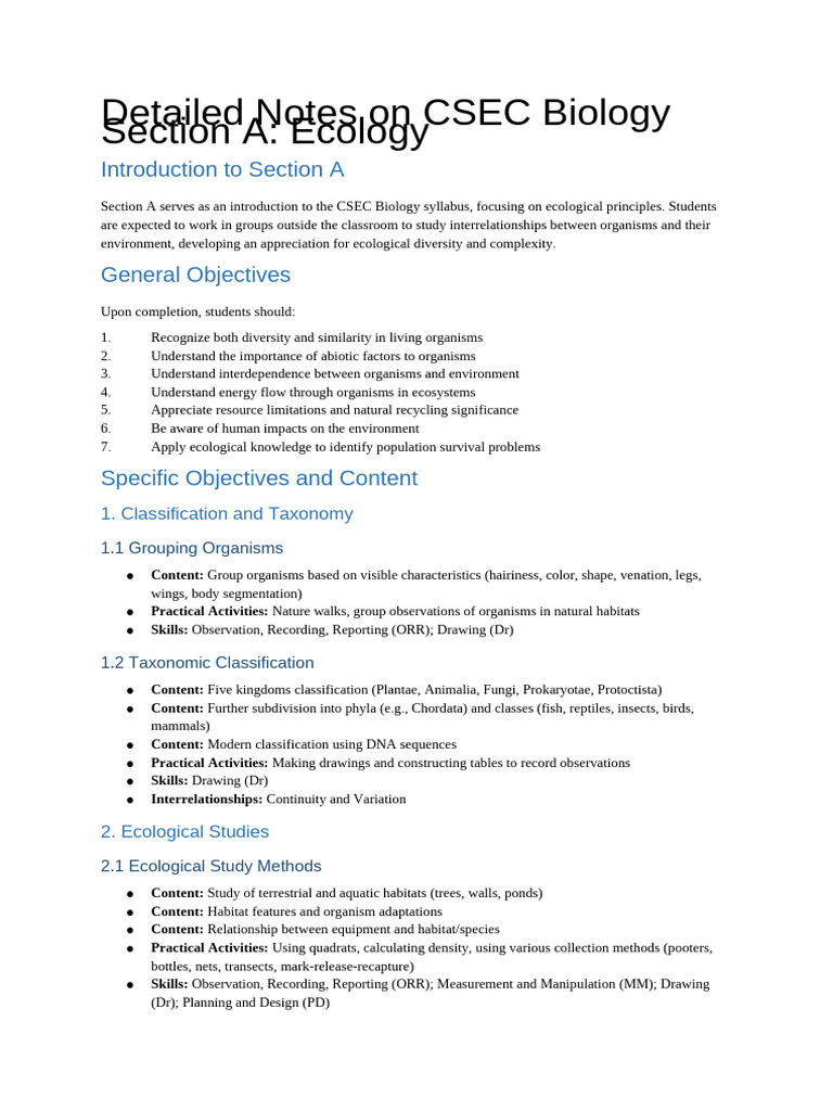 # Detailed Notes On CSEC Biology Section A - Ecology - ## Introduc ...