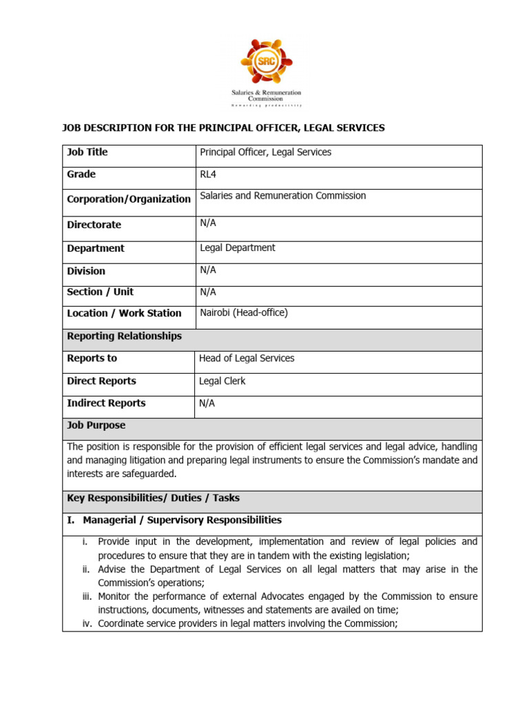 Principal Officer Legal Services Job Description | PDF | Lawyer ...