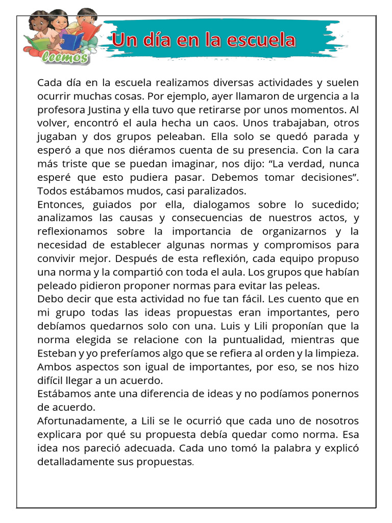 Un día en la escuela - Texto para evaluacion diagnostica | PDF