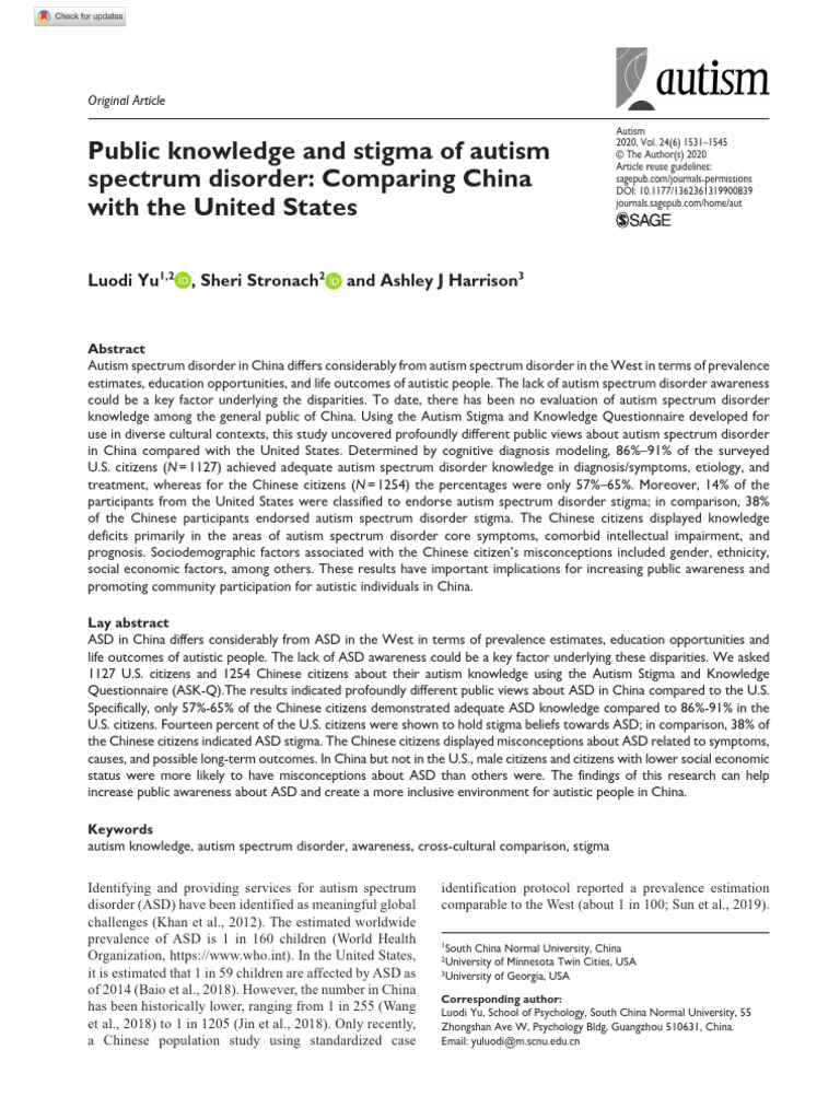 Yu Et Al 2020 Public Knowledge and Stigma of Autism Spectrum Disorder ...