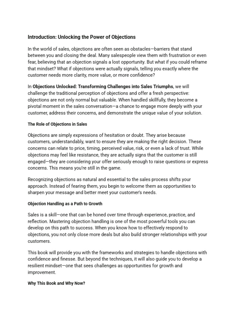 Objections Unlocked - Transforming Challenges Into Sales Triumphs | PDF ...