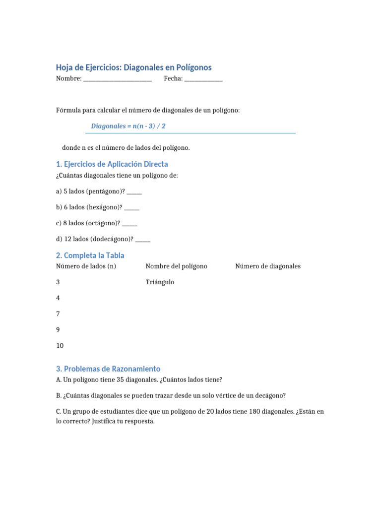 Hoja Ejercicios Diagonales Poligonos | PDF