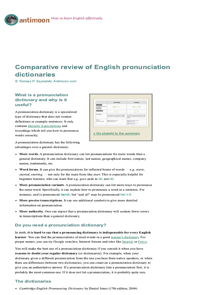 Comparative review of English pronunciation dictionaries _ Antimoon ...