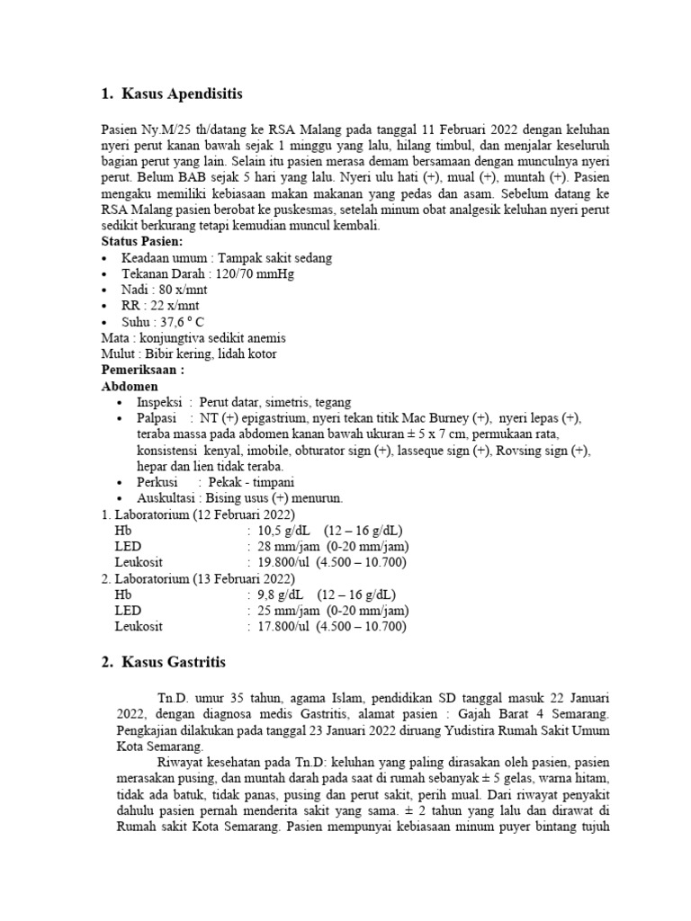 Kasus Apendisitis, Typoid, Gastritis | PDF