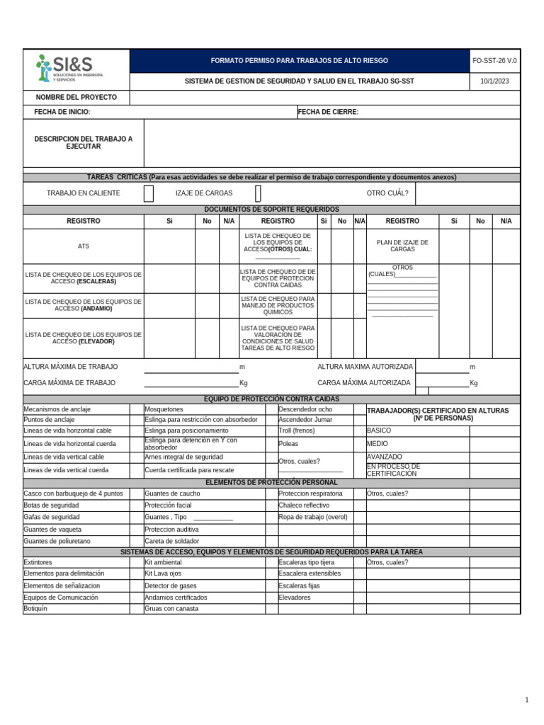 FO-SST-26 Formato Permiso Para Trabajos de Alto Riesgo | PDF