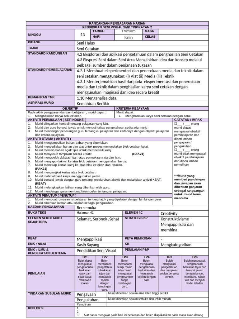 RPH Minggu 13 PSV SMK Tingkatan 2 2025 by Cikgu Gorgeous | PDF