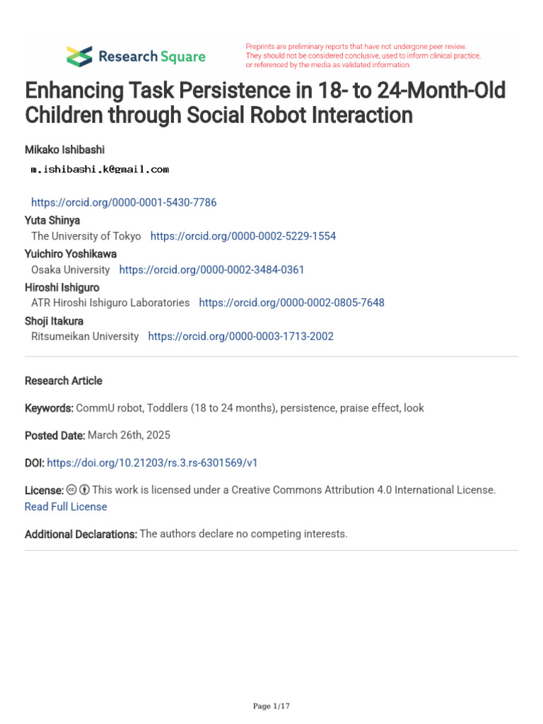 Enhancing Task Persistence in 18 - To 24-Month-Old Social Robot | PDF ...
