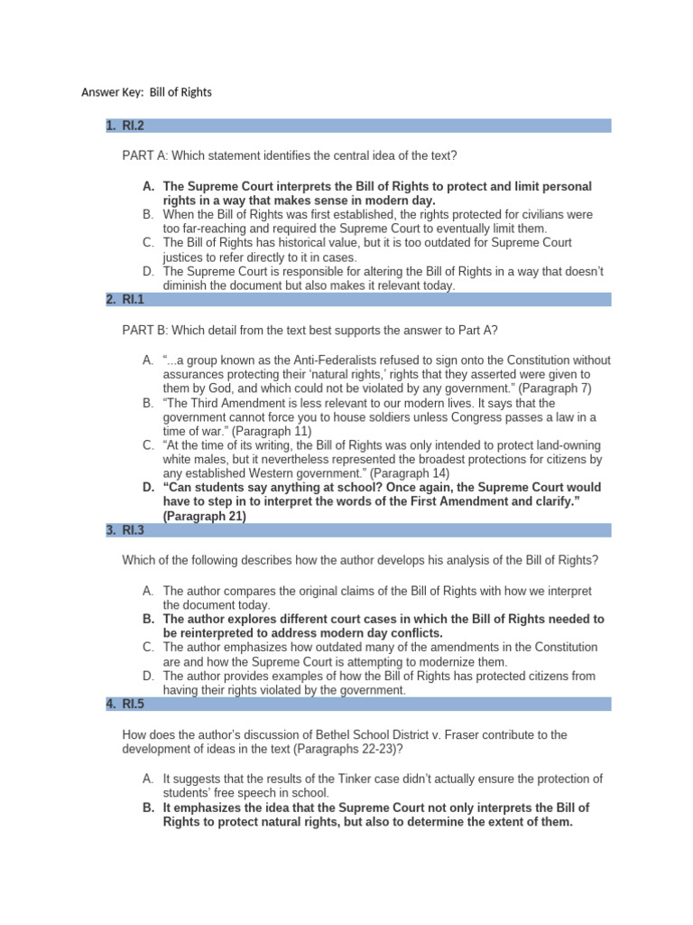 Answer Key Bill of Rights | PDF | United States Bill Of Rights ...