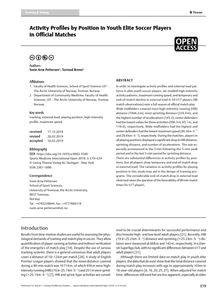 Activity Profiles by Position in Youth Elite Soccer Players | PDF