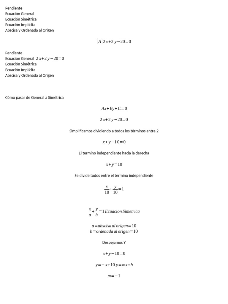 Ecuaciones: General a Simétrica y Explícita | PDF | Pendiente | Sistema ...