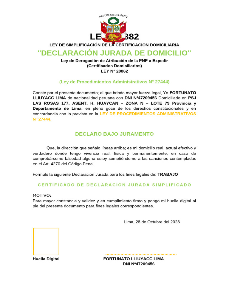 DECLARACION JURADA domicilio rellenar | PDF