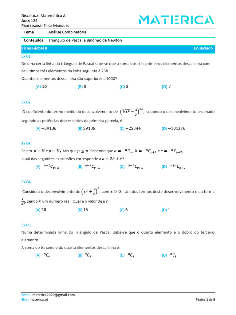 Ficha Global 8 Triângulo de Pascal e Binómio de Newton | PDF | Matemática