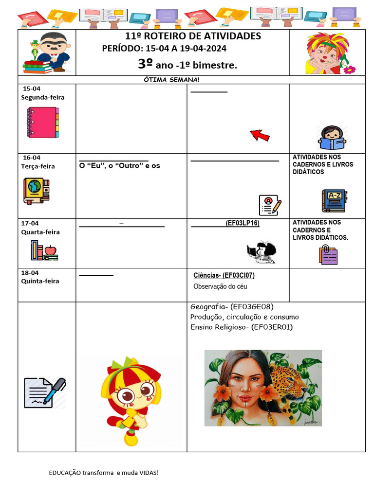 3º ANO - 11º ROTEIRO SEMANAL 15 A 19-04-2024 - MARCYA FILIZOLA | PDF