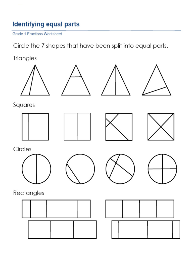 Identifying Equal Parts - Grade 1 Math Worksheet | PDF