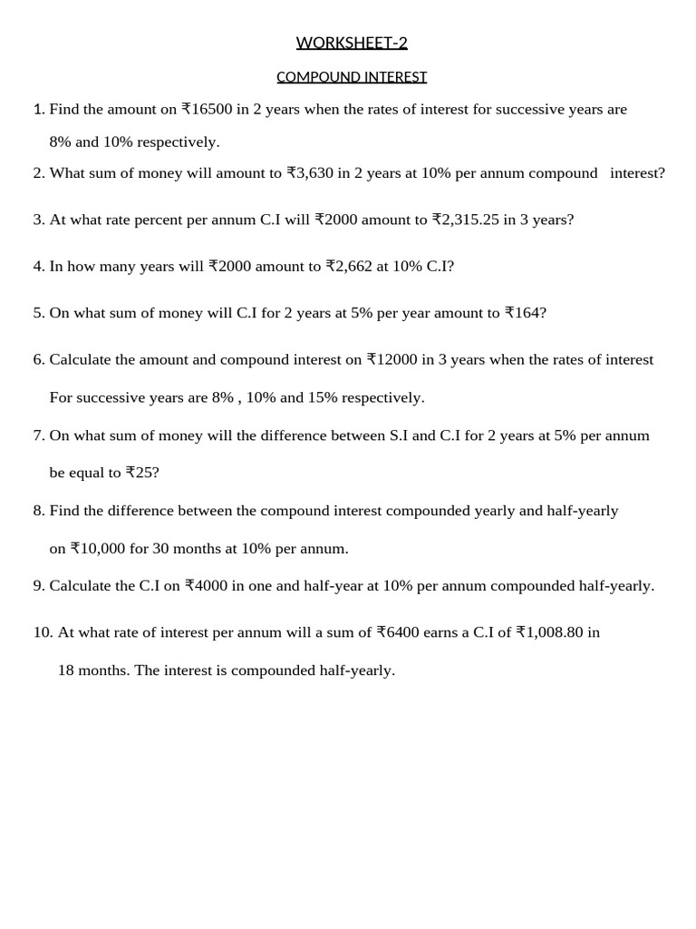Worksheet-2(Compound Interest)- IX | PDF