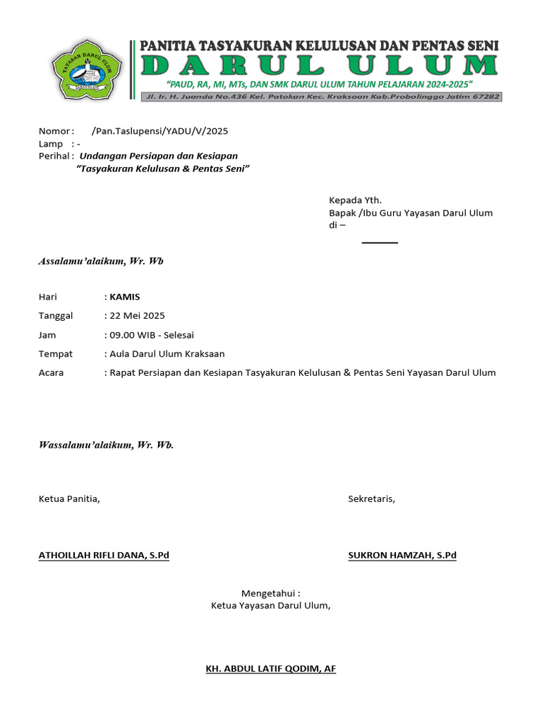 Undangan Rapat Tasyakuran Kelulusan Yayasan Du | PDF