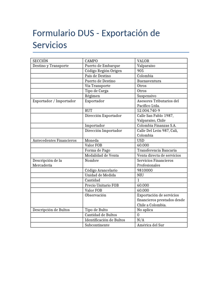 Formulario DUS Servicios | PDF