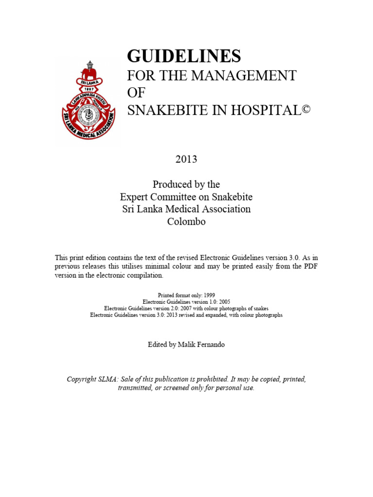 SLMA Snakebite Management Guidelines | PDF | Medical Specialties ...