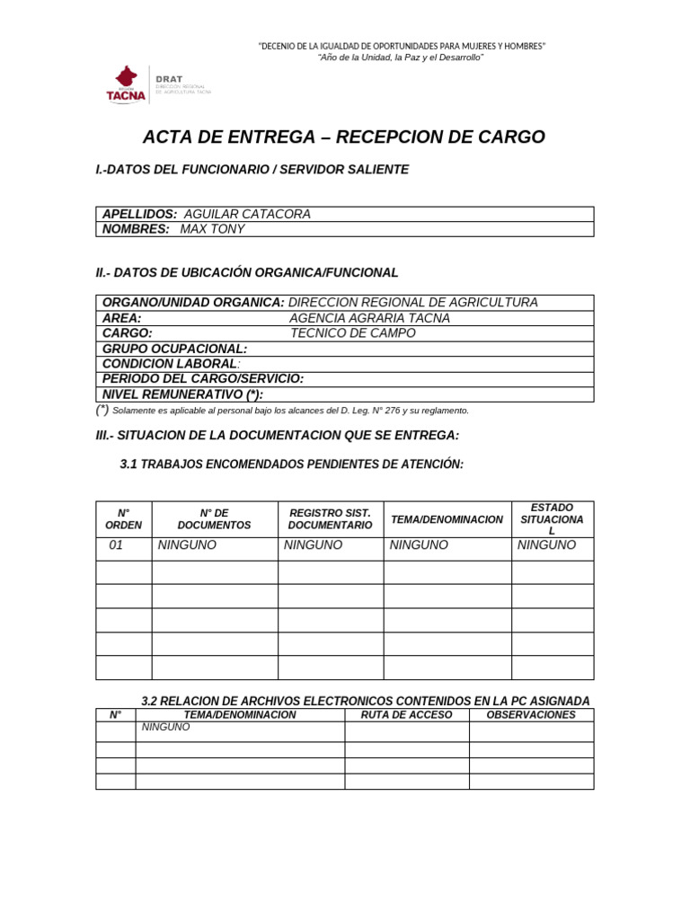 Acta de Entrega de Cargo en Agricultura | PDF