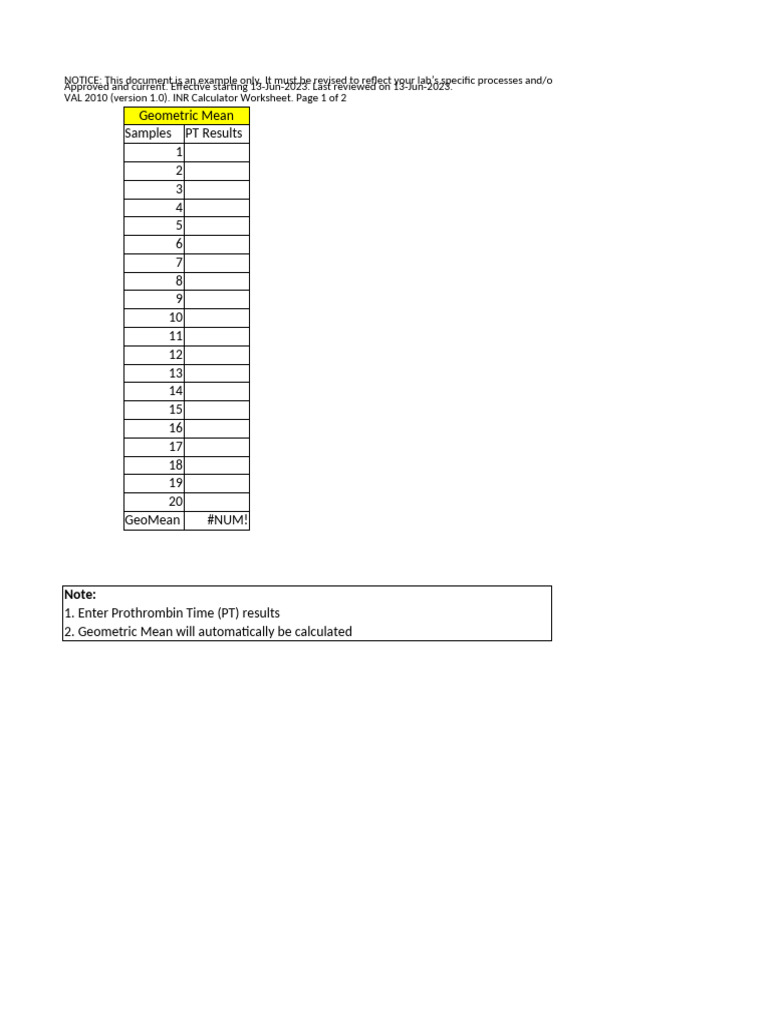 VAL 2010 INR Calculator Worksheet | PDF | Medical Tests | Clinical Medicine