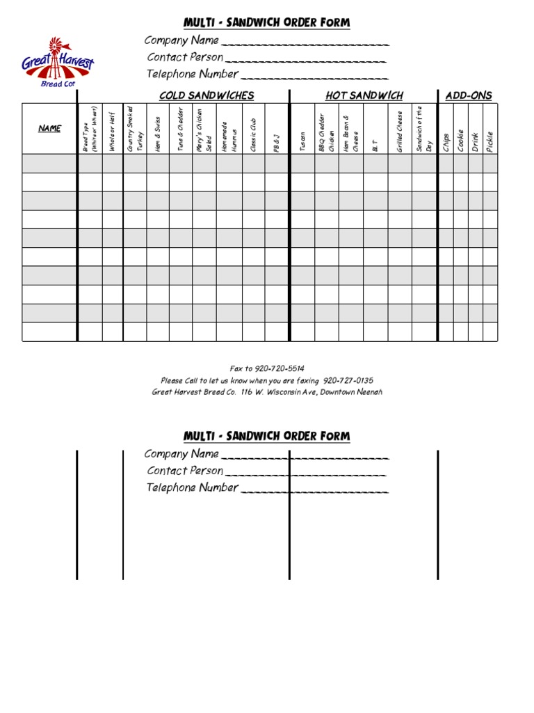 Multi-Sandwich Order Form Template | PDF | Law | Home & Garden