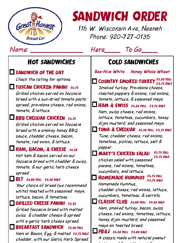 New Sandwich Order Form | PDF